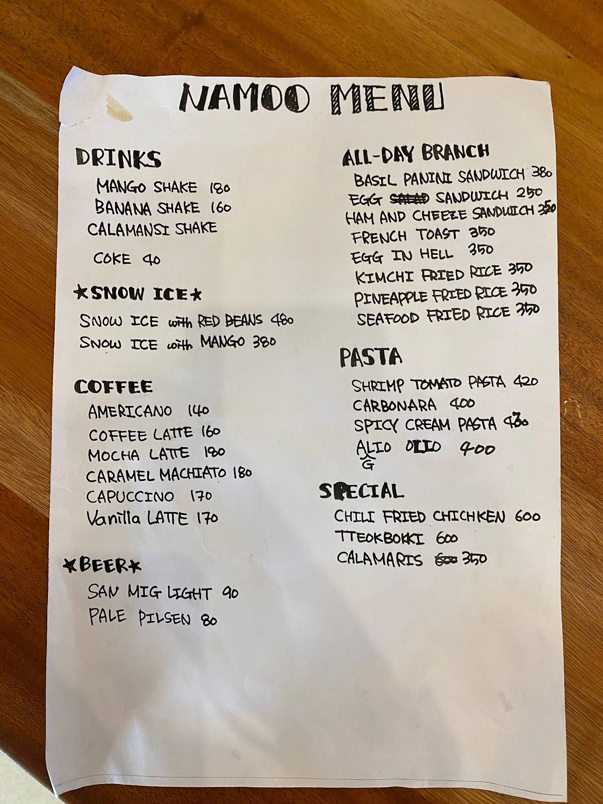Menu at Namoo Cafe(나무카페), Panglao