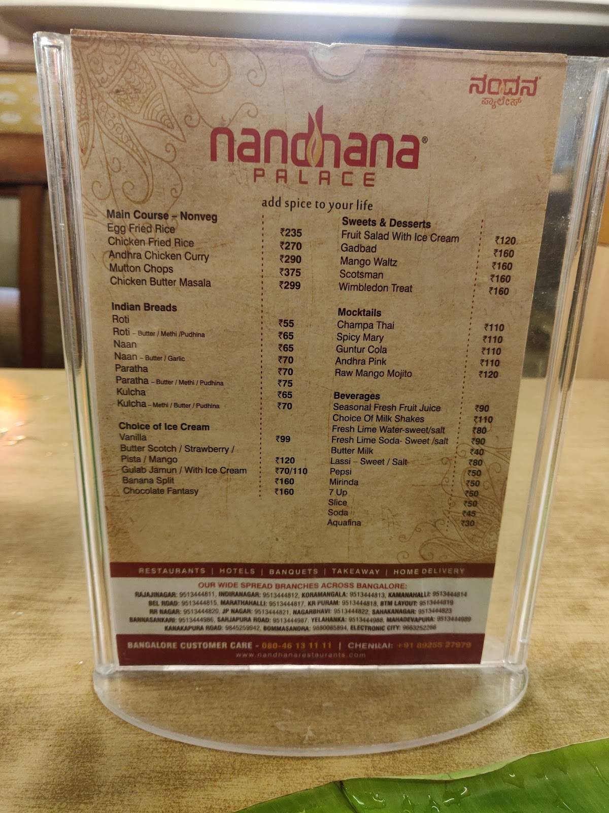 Menu at Nandhana Palace -Andhra Style Restaurant - Rajajinagar ...