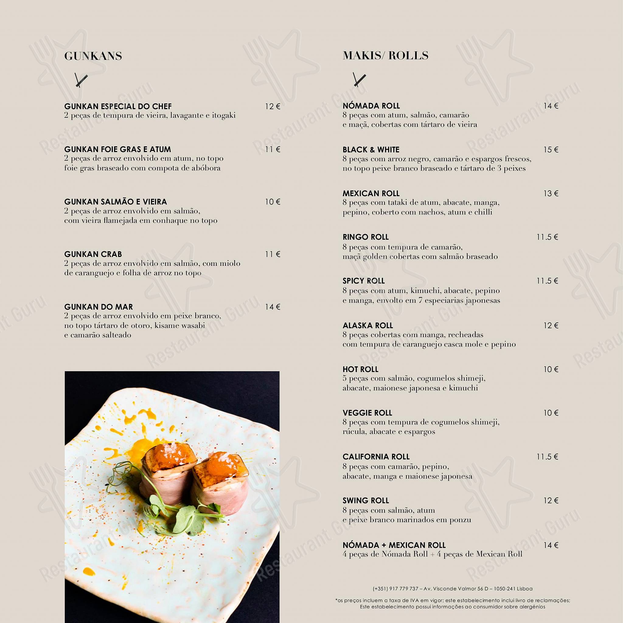 Menu em Nómada restaurante, Lisboa, Av. Visc. de Valmor 56E