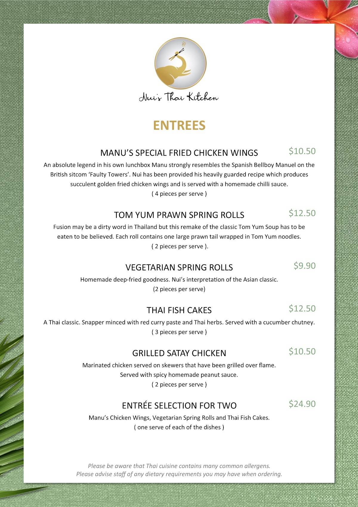 Menu at Nui's Thai Kitchen restaurant, Renmark