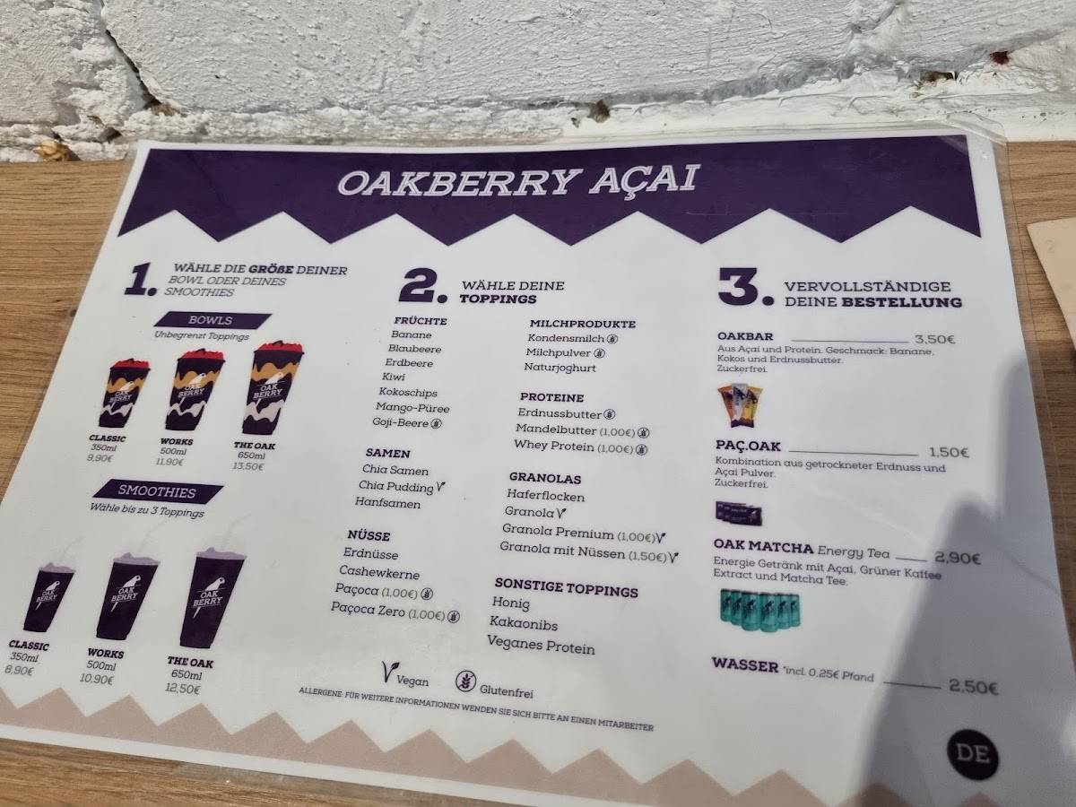 Menu at OAKBERRY Açaí Bowls restaurant, Düsseldorf