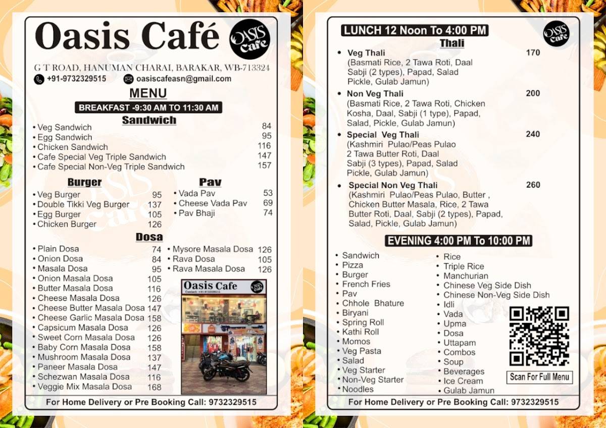 Menu at Oasis Cafe, Barakar