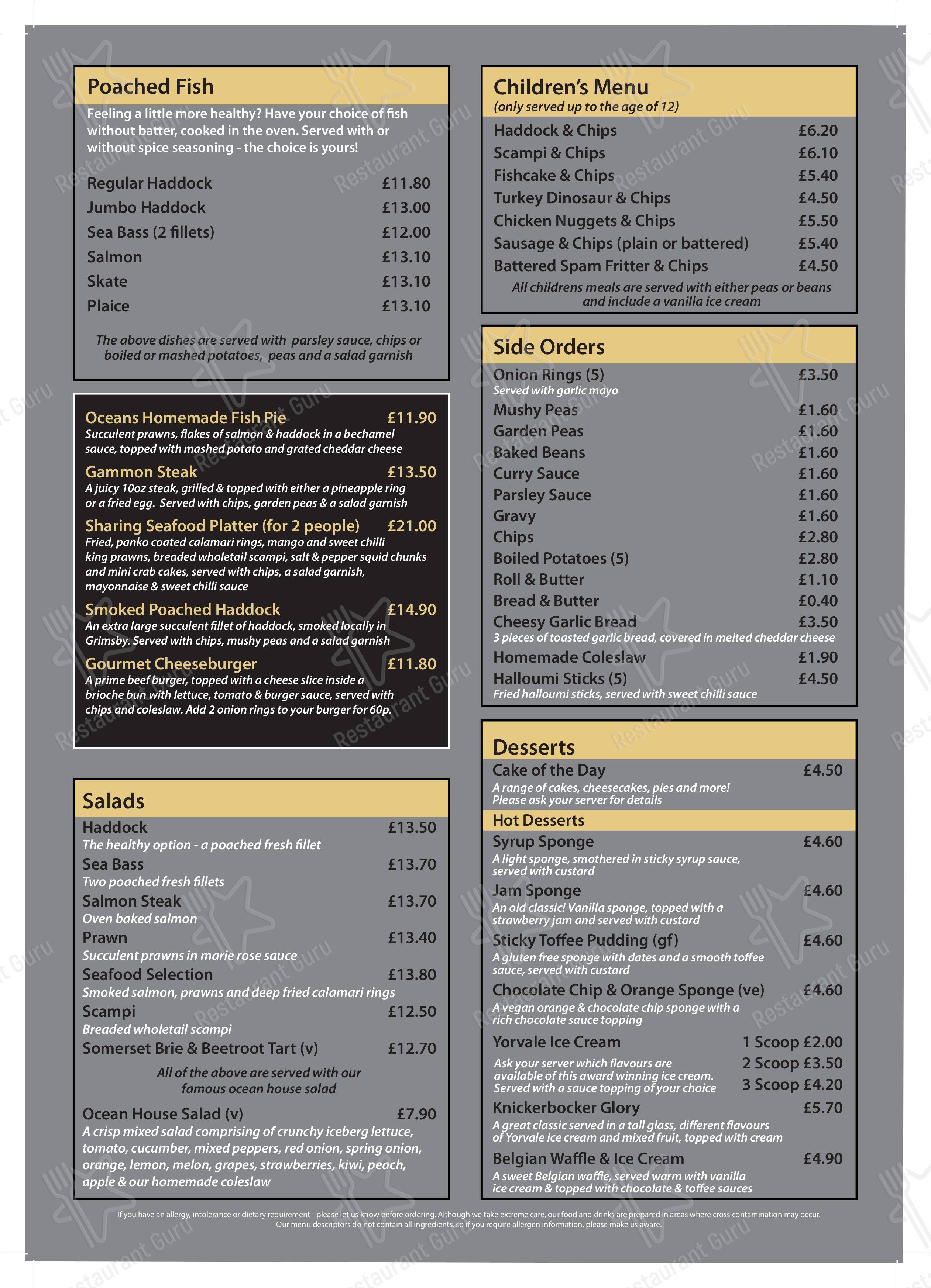 Menu at Ocean Fish Bar, Cleethorpes