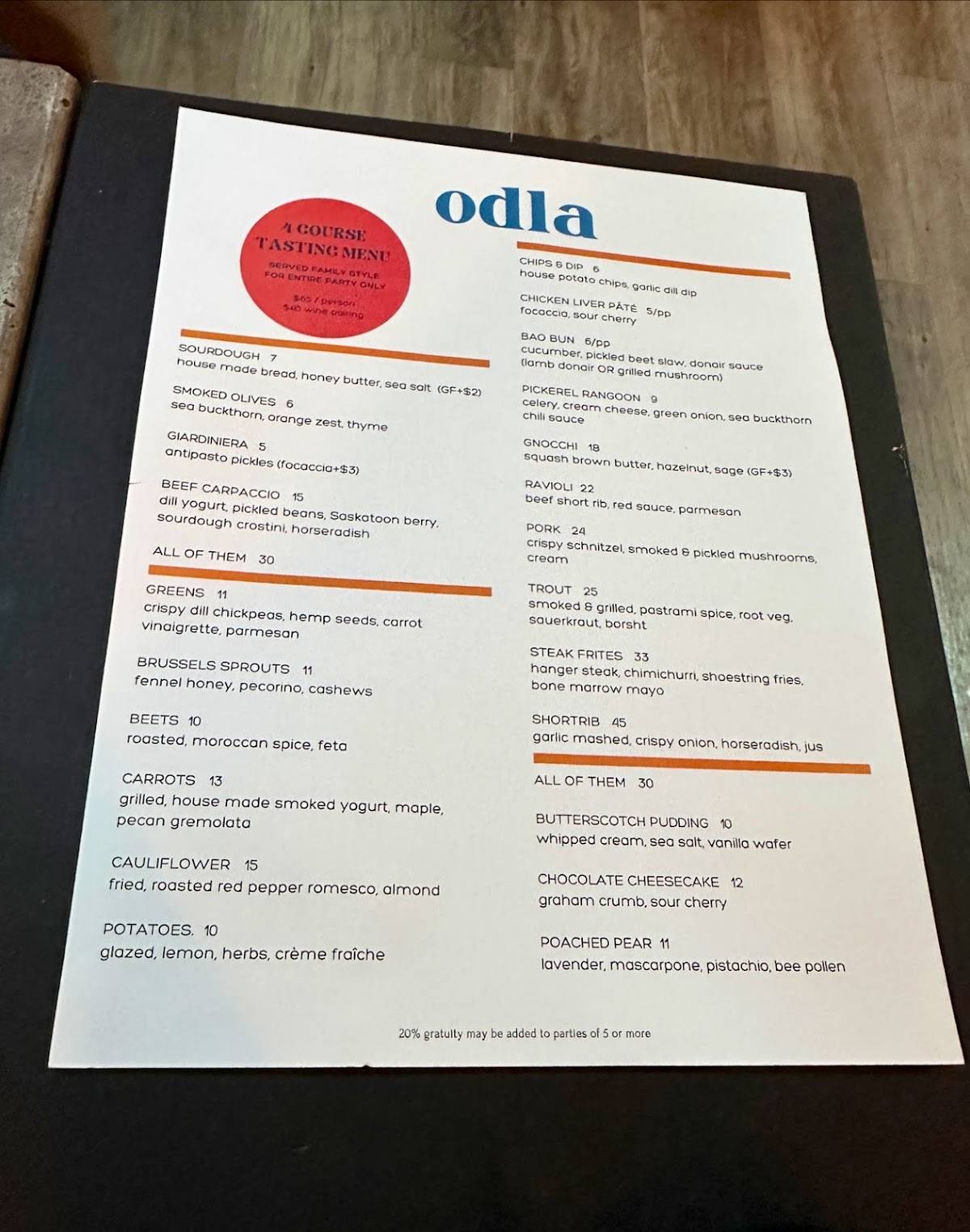 Menu at Odla restaurant, Saskatoon