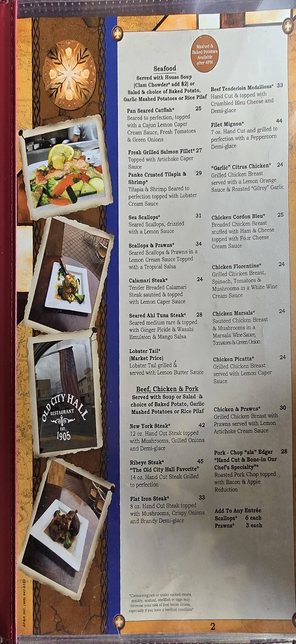 Menu at Old City Hall Restaurant, Gilroy