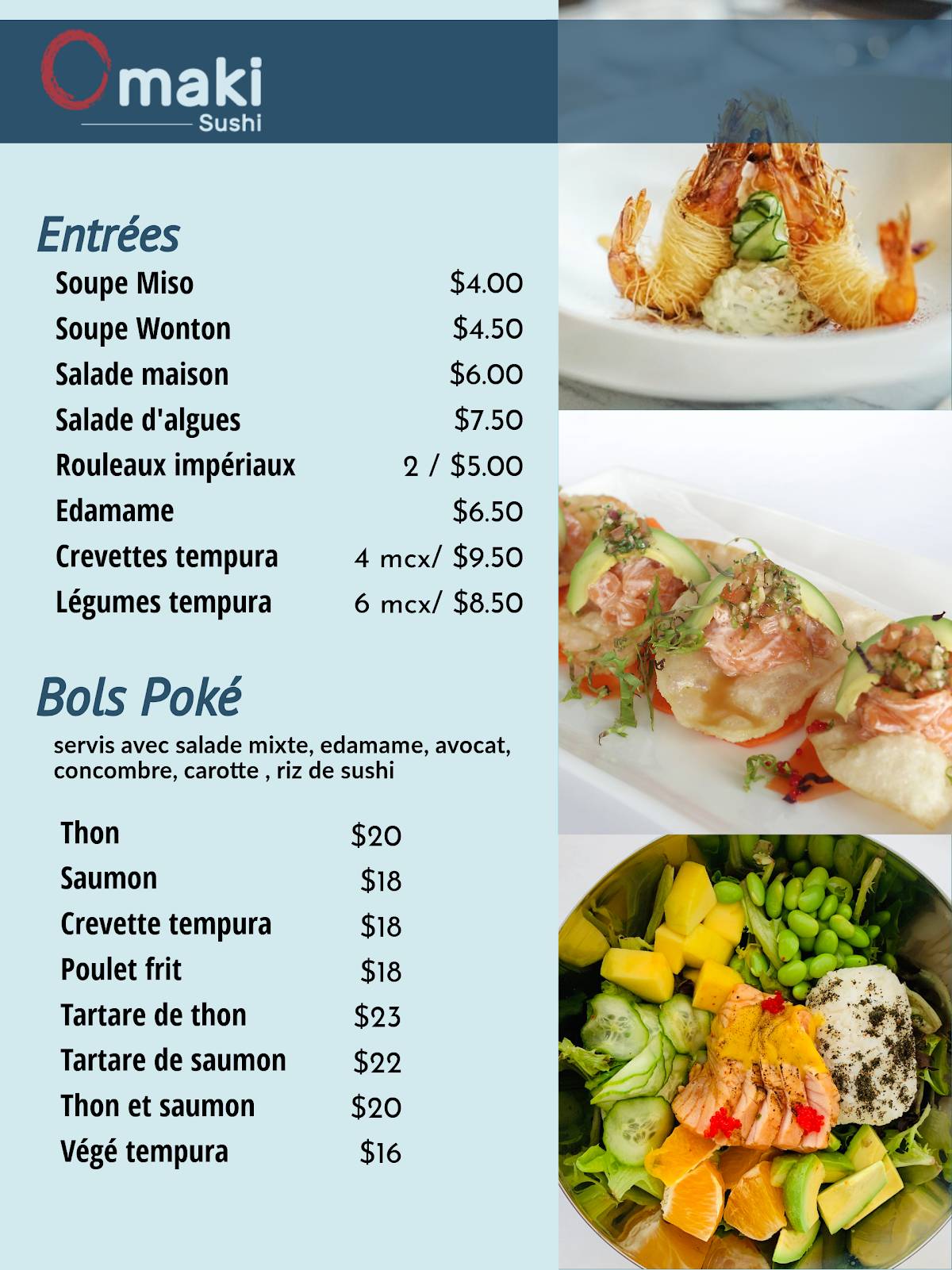 Menu au Omaki Sushi restaurant, Laval
