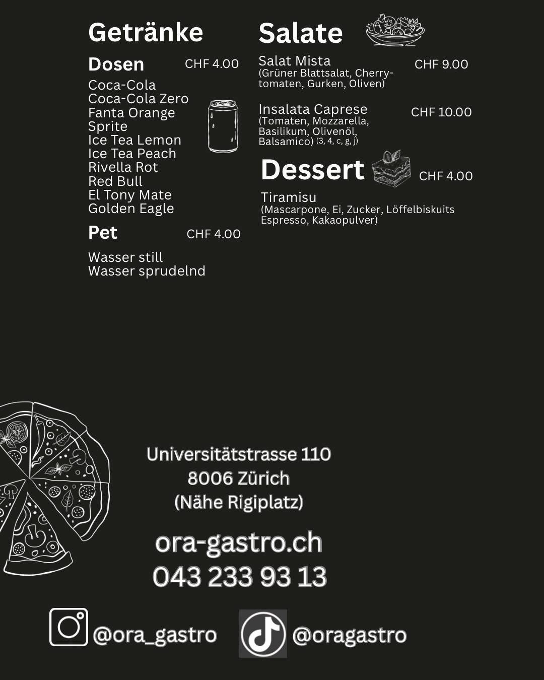 Menu au ORA Pizza & Pasta, Zürich