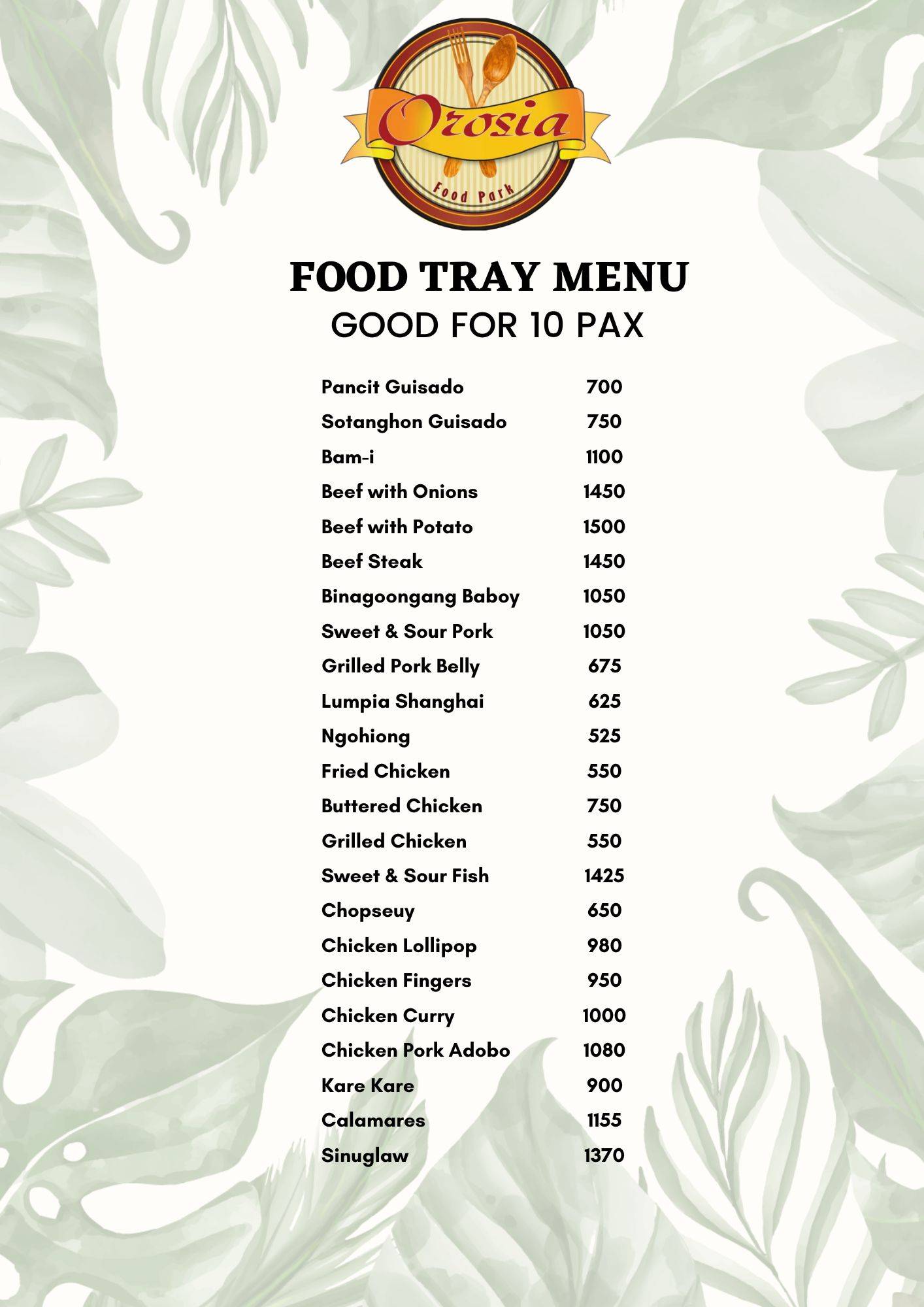 Menu at Orosia Food Park restaurant, Consolacion, 9XH7+C58