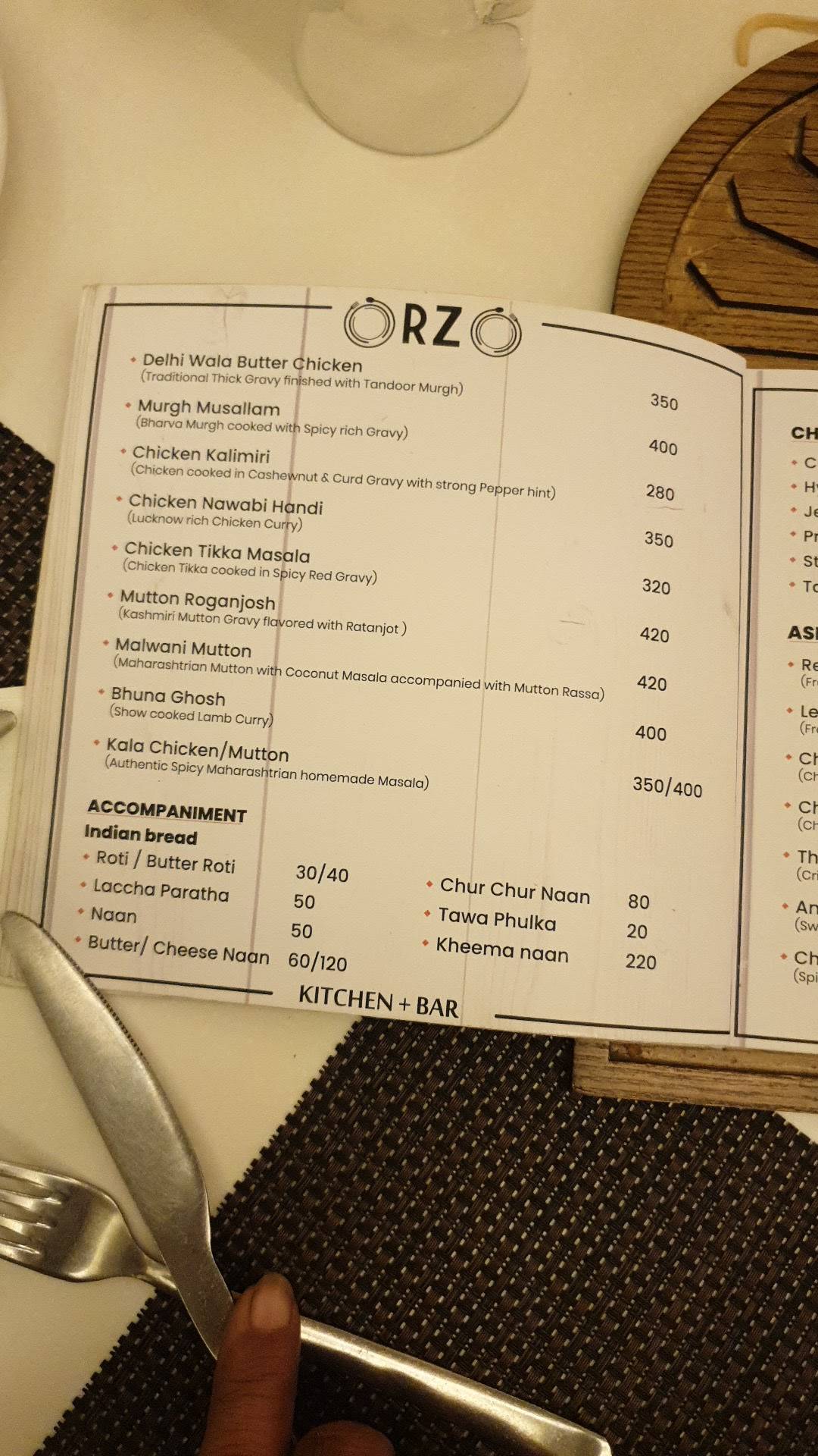Menu at Orzo, Telaulim
