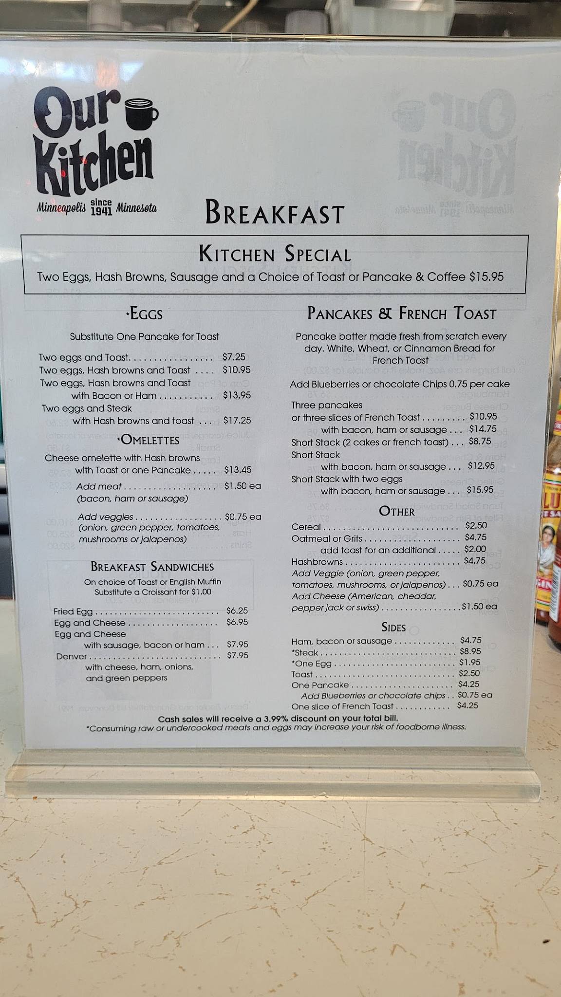 Menu at Our Kitchen restaurant, Minneapolis