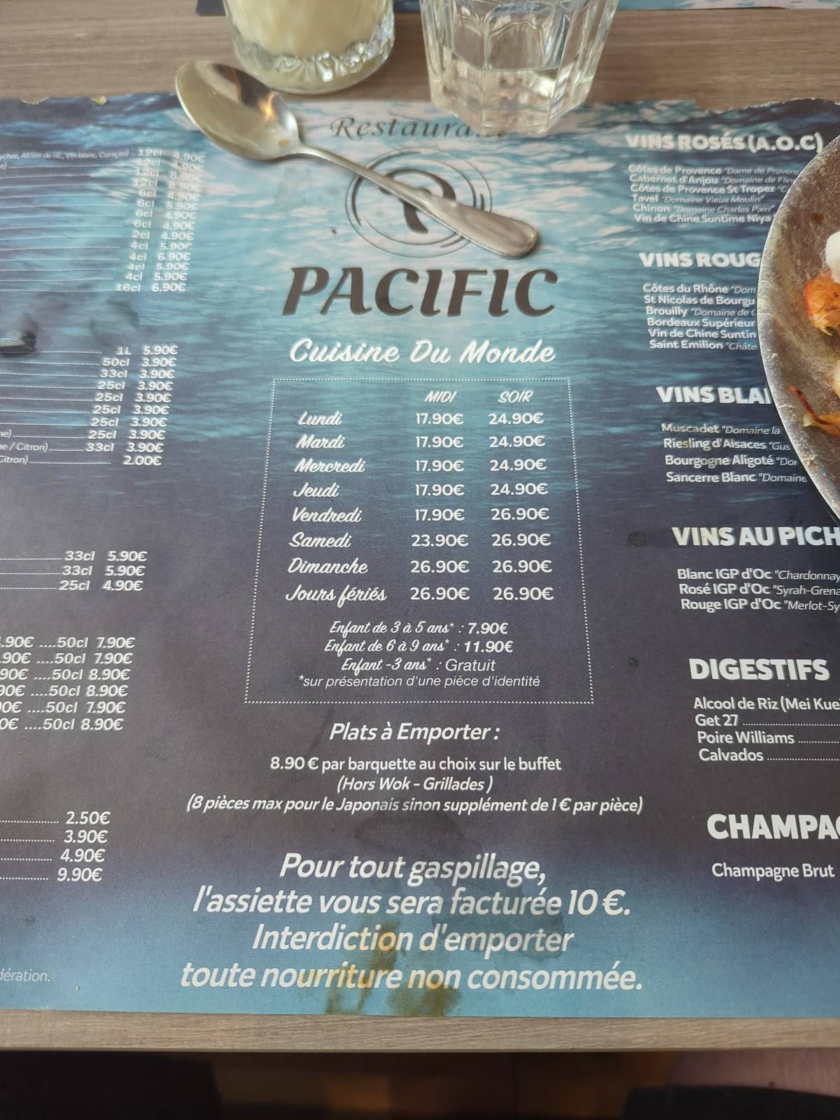 Menu au Restaurant Pacific, Noyelles-Godault