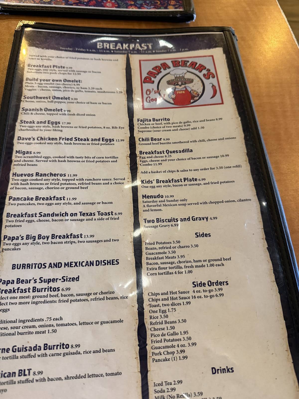Menu at Papa Bear's restaurant, Waco
