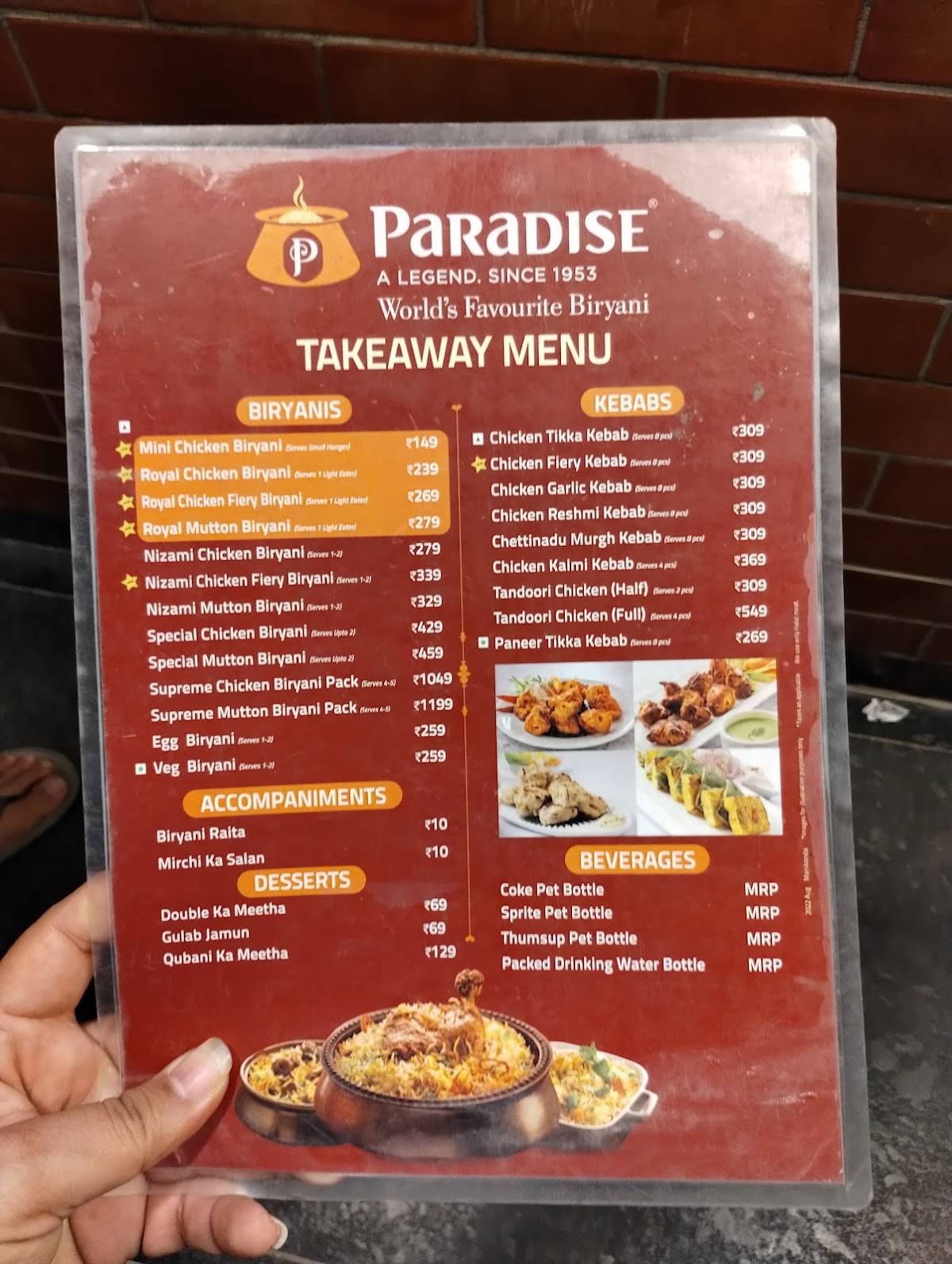 Menu at Paradise Biryani Manikonda, Hyderabad