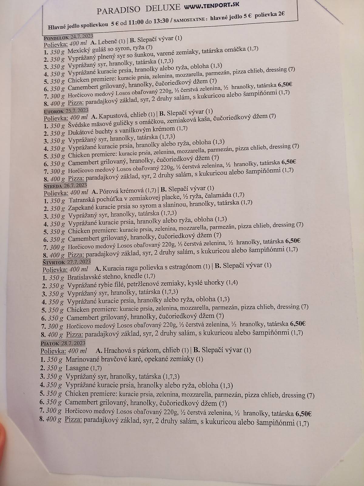 Menu at Paradiso Deluxe Garden restaurant, Kolárovo