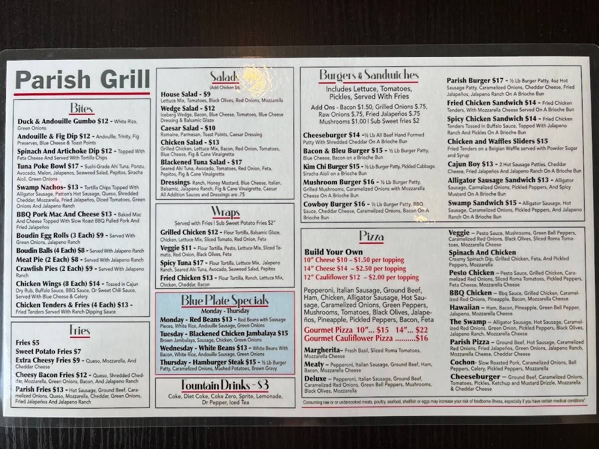 Menu at Parish Grill restaurant, Metairie