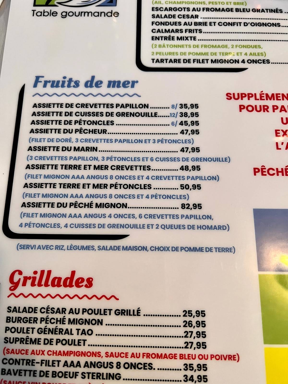Menu au Restaurant Le Pêché, Trois-Rivières