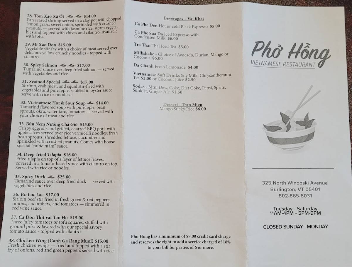 Menu at Pho Hong restaurant, Burlington