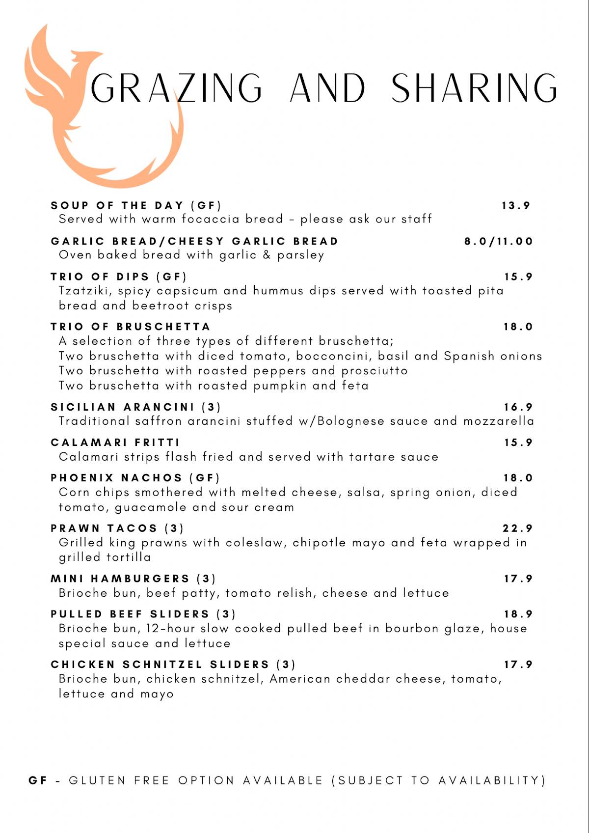 Menu at Phoenix and Co restaurant, Plenty
