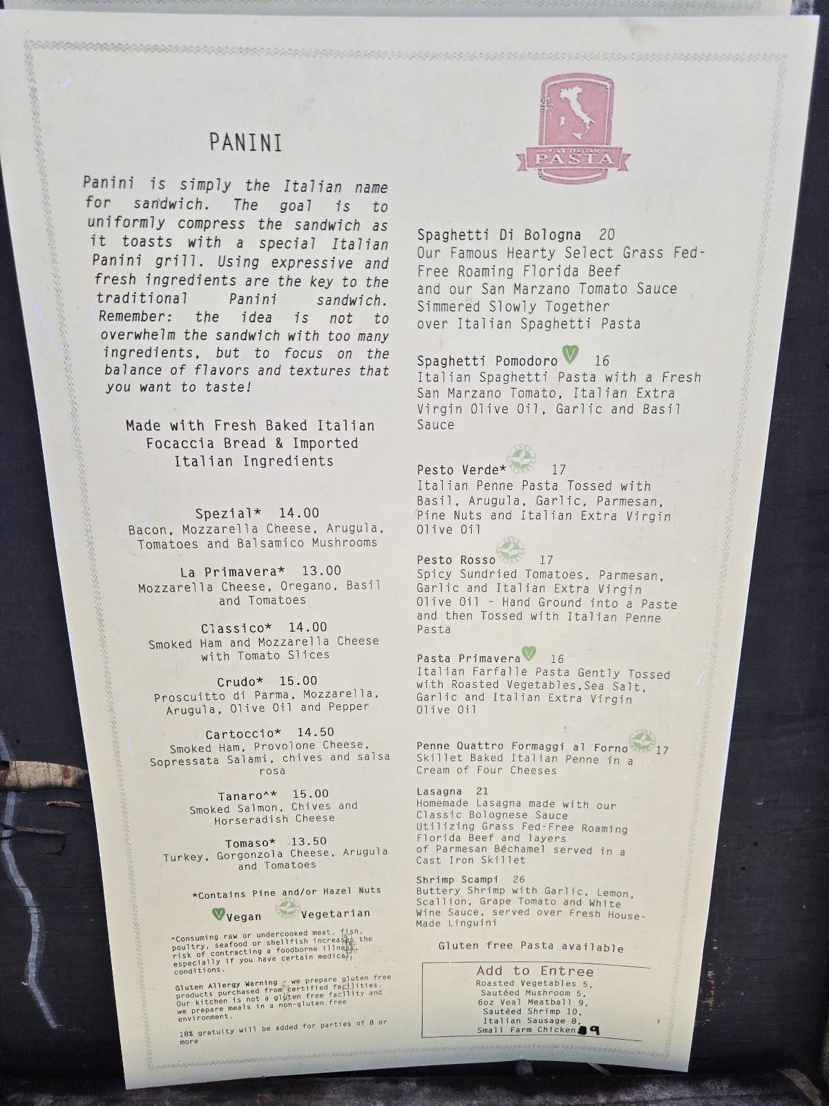 Menu at Pia's Trattoria restaurant, Gulfport