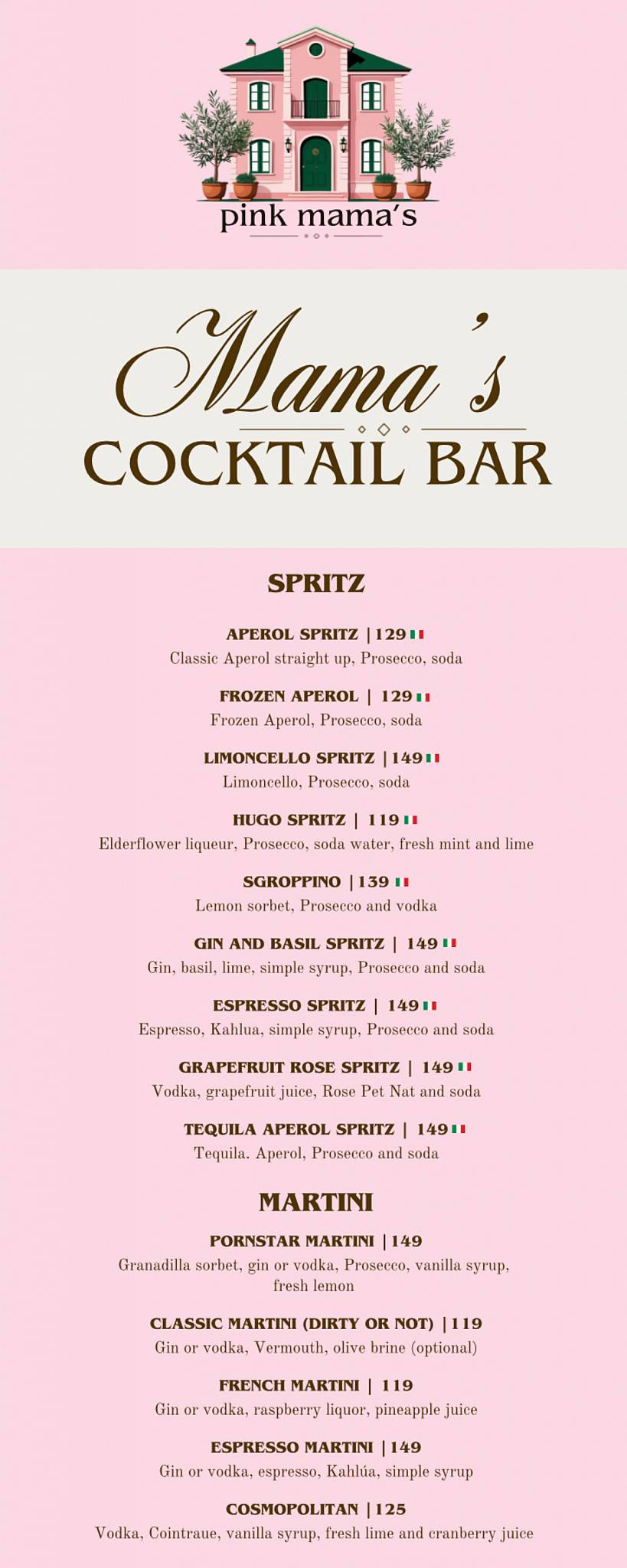 Menu at Pink Mama’s JHB restaurant, Johannesburg