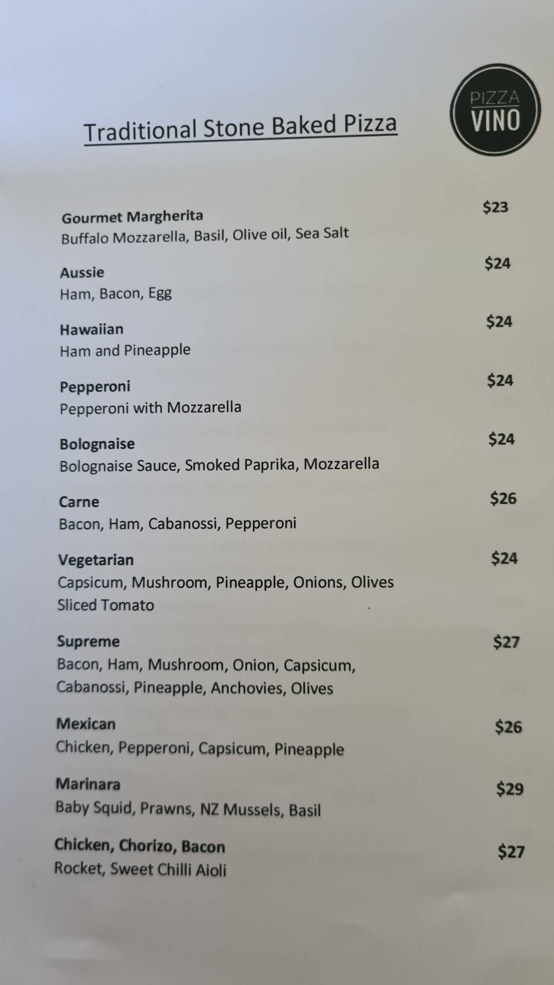 Menu at Pizza Vino restaurant, Coffs Harbour
