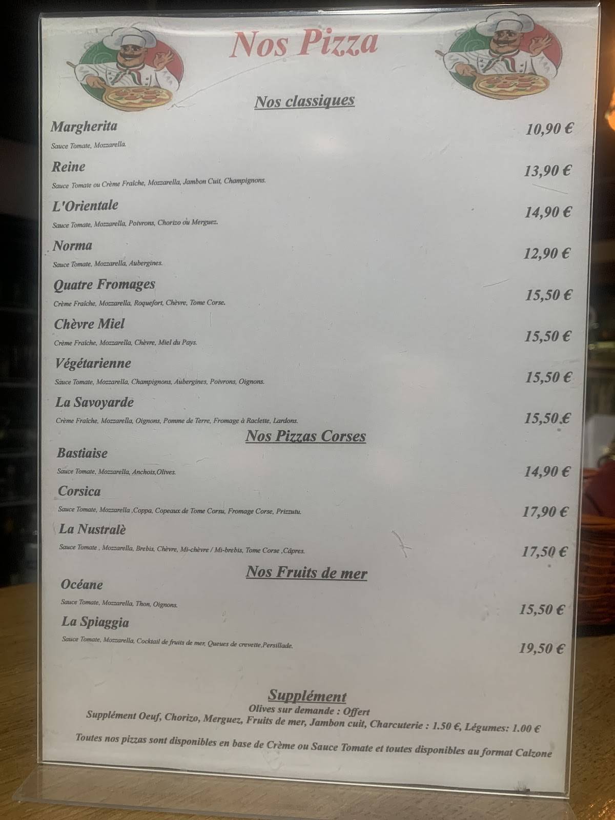 Menu au Restaurant Pizzeria La Spiaggia, Torcy