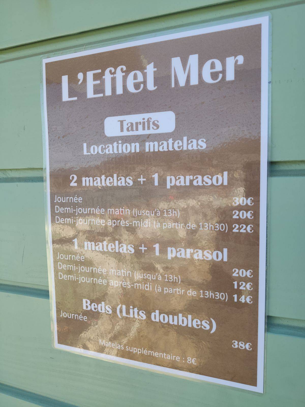 Menu au Plage restaurant L'Effet Mer Le Lavandou, Le Lavandou