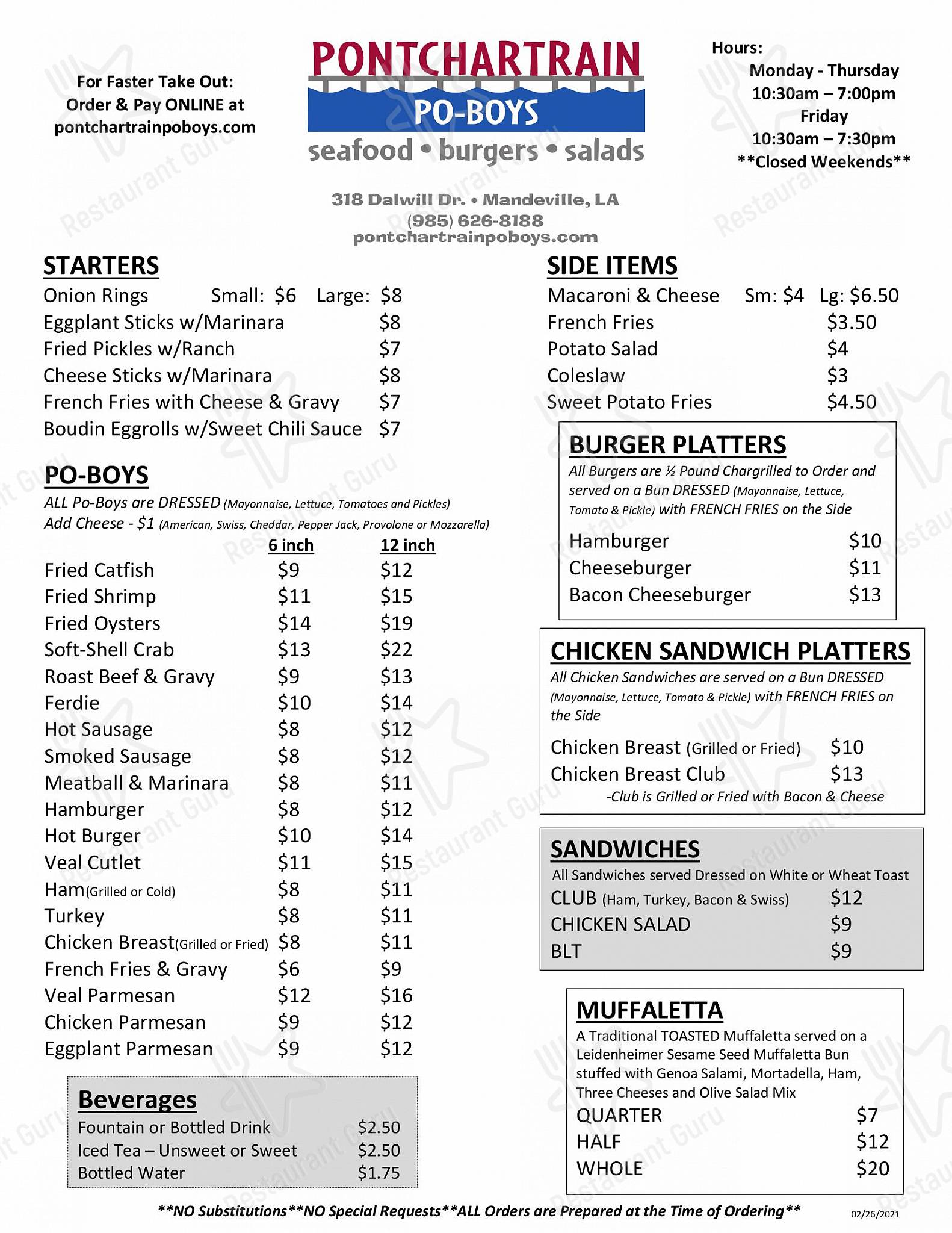 Menu at Pontchartrain Po-Boys restaurant, Mandeville, 318 Dalwill Dr
