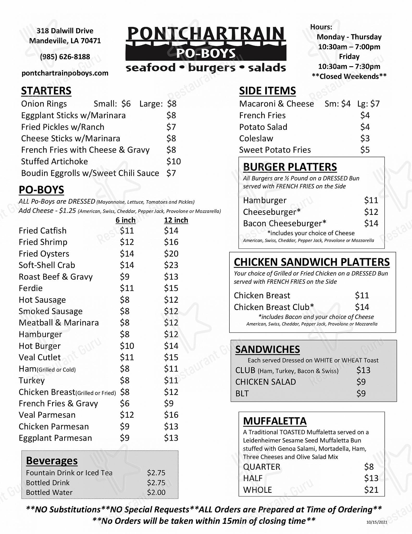 Menu at Pontchartrain Po-Boys restaurant, Mandeville, 318 Dalwill Dr