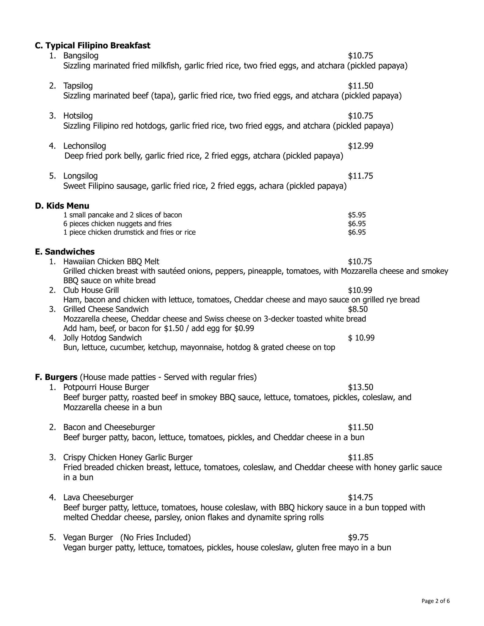 Menu au Potpourri of Flavours restaurant, Altona