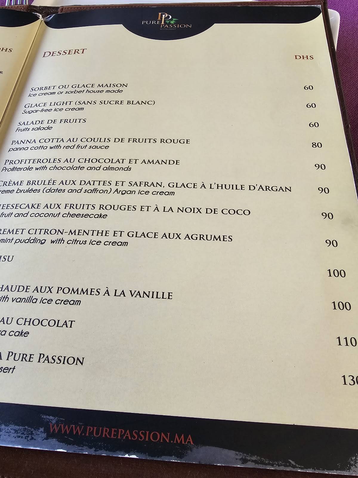 Menu at Pure Passion restaurant, Agadir, Résidence N°02 m1 Complexe Marina