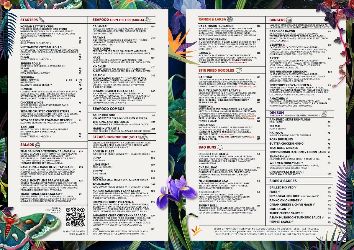 Menu at RAYA Hazelwood restaurant, Pretoria