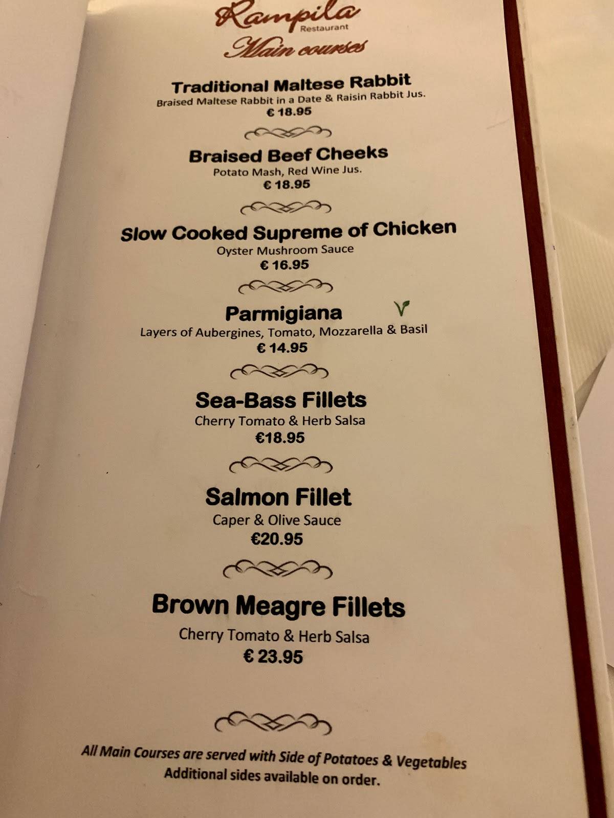 Menu at Rampila Restaurant, Valletta