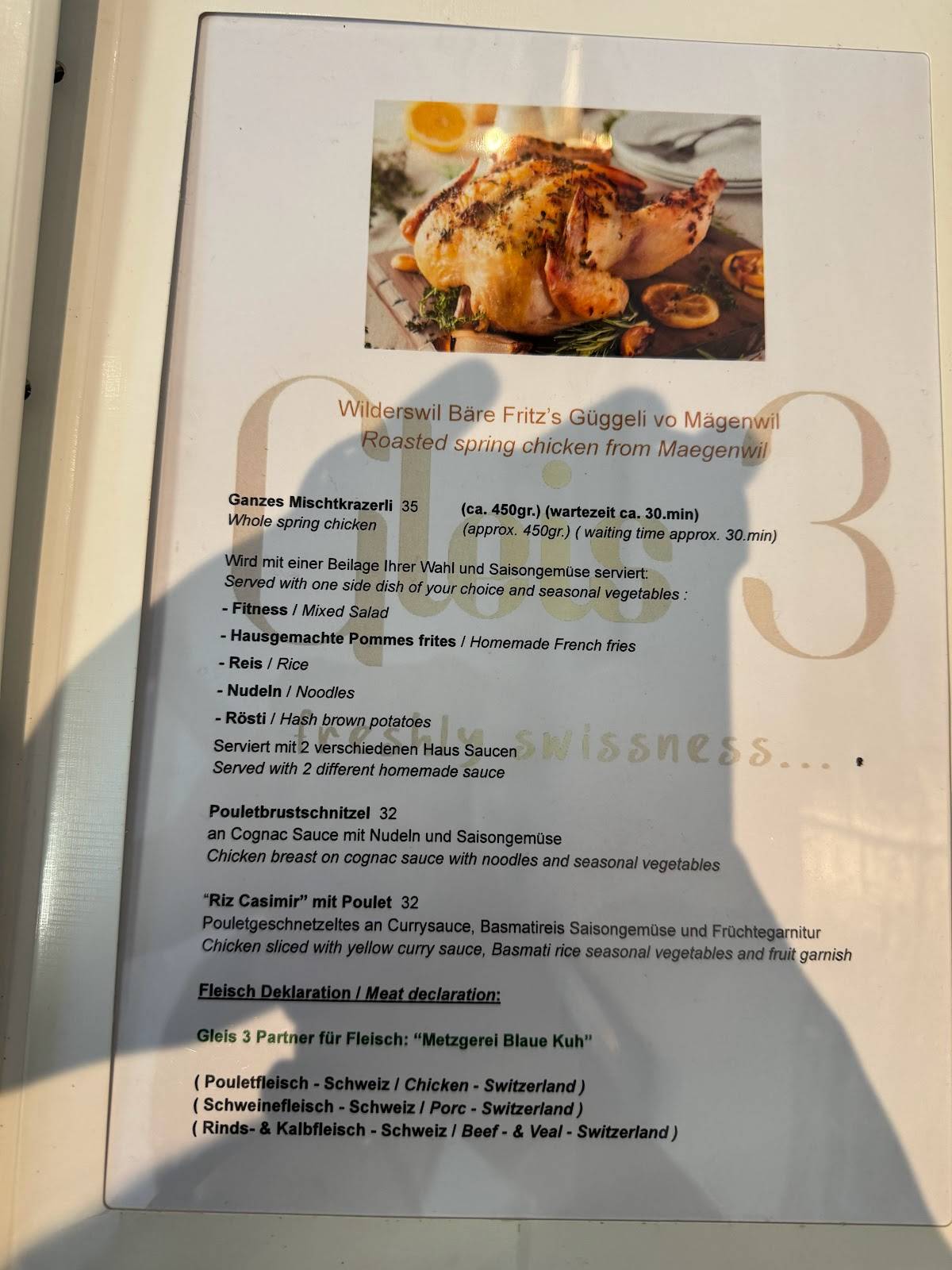 Speisekarte von Restaurant Café Gleis 3 - Swiss Cuisine, Interlaken