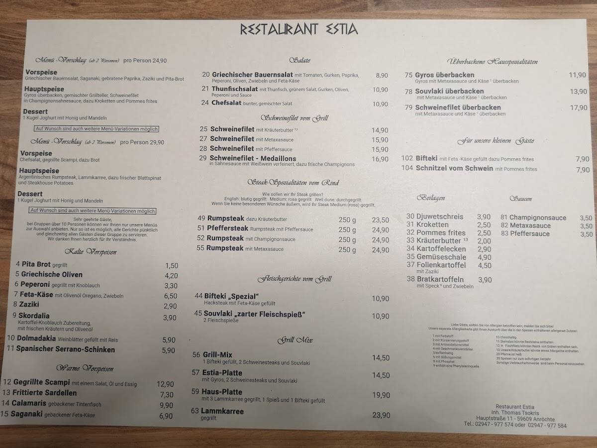 Menu au Restaurant Estia, Anröchte