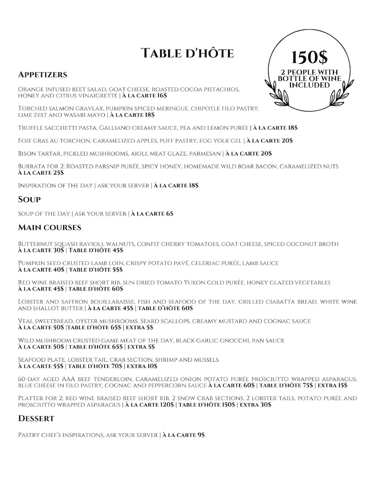Menu au Restaurant Le Rouge Vin, Trois-Rivières