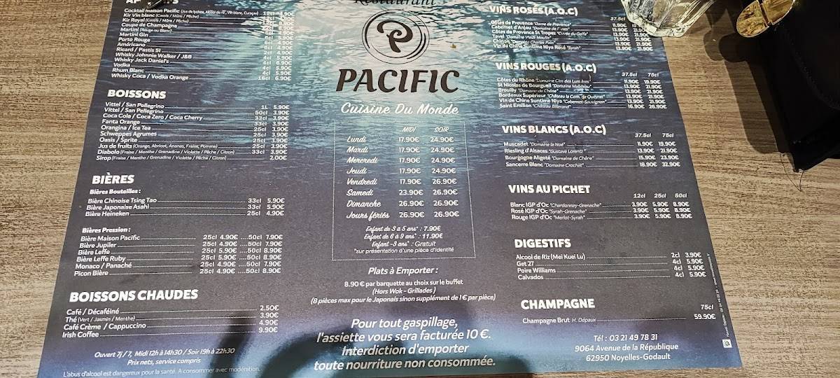 Menu au Restaurant Pacific Noyelles, Noyelles-Godault