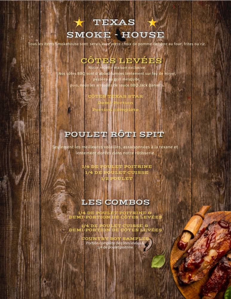 Menu au Restaurant Texas Star, Saint-Eustache, 477 25e Av