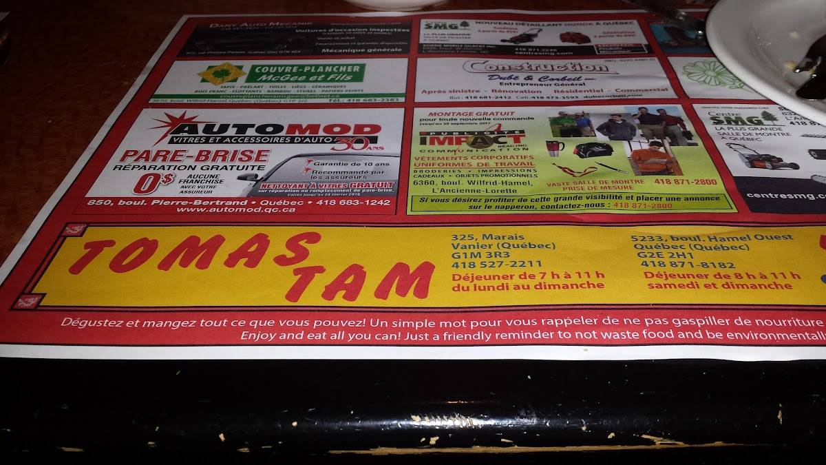 Menu au Restaurant Tomas Tam Inc, Québec, Wilfrid-Hamel Blvd