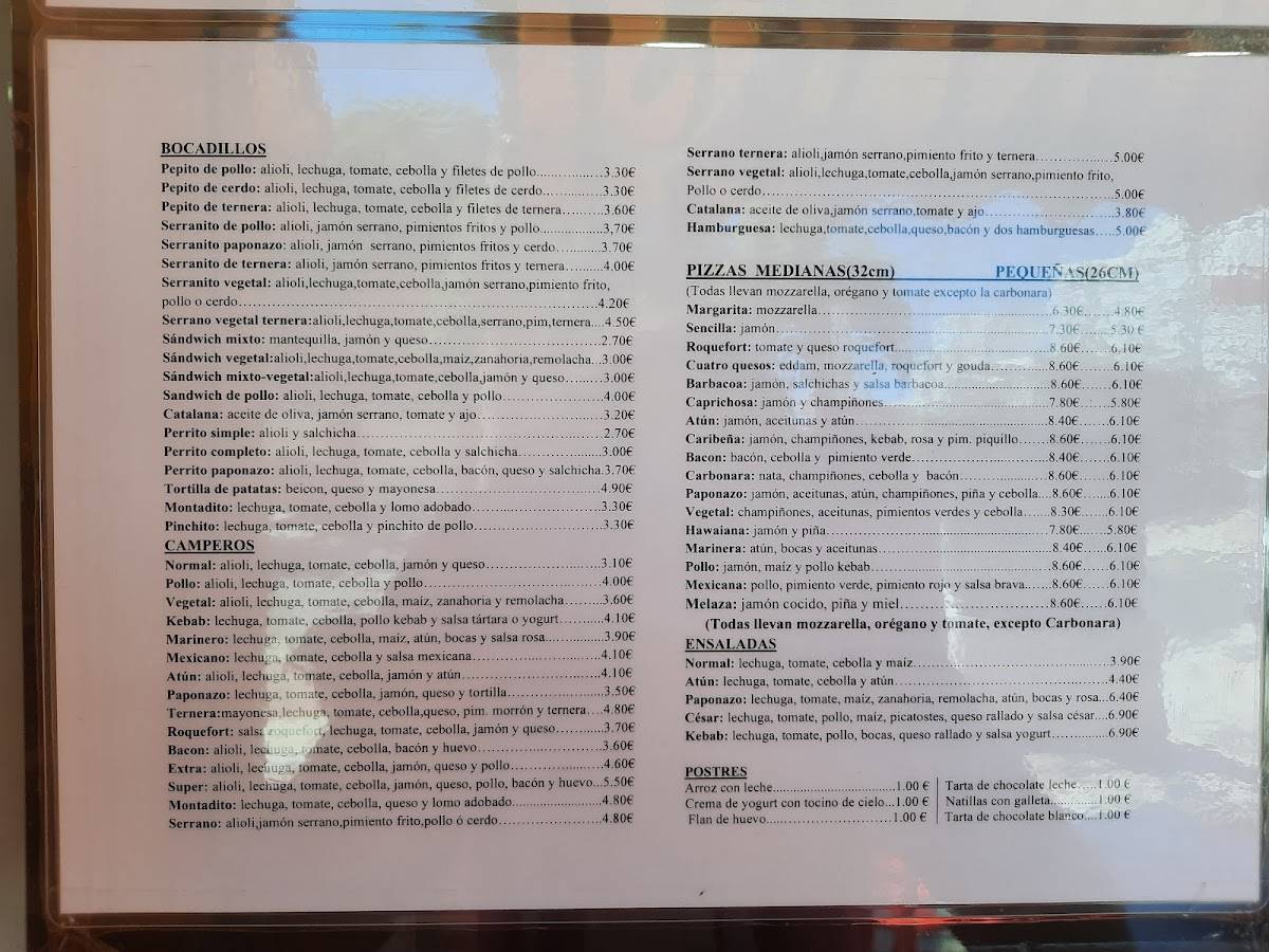 Carta de Restaurante El Paponazo del Parque del Oeste, Málaga, C ...