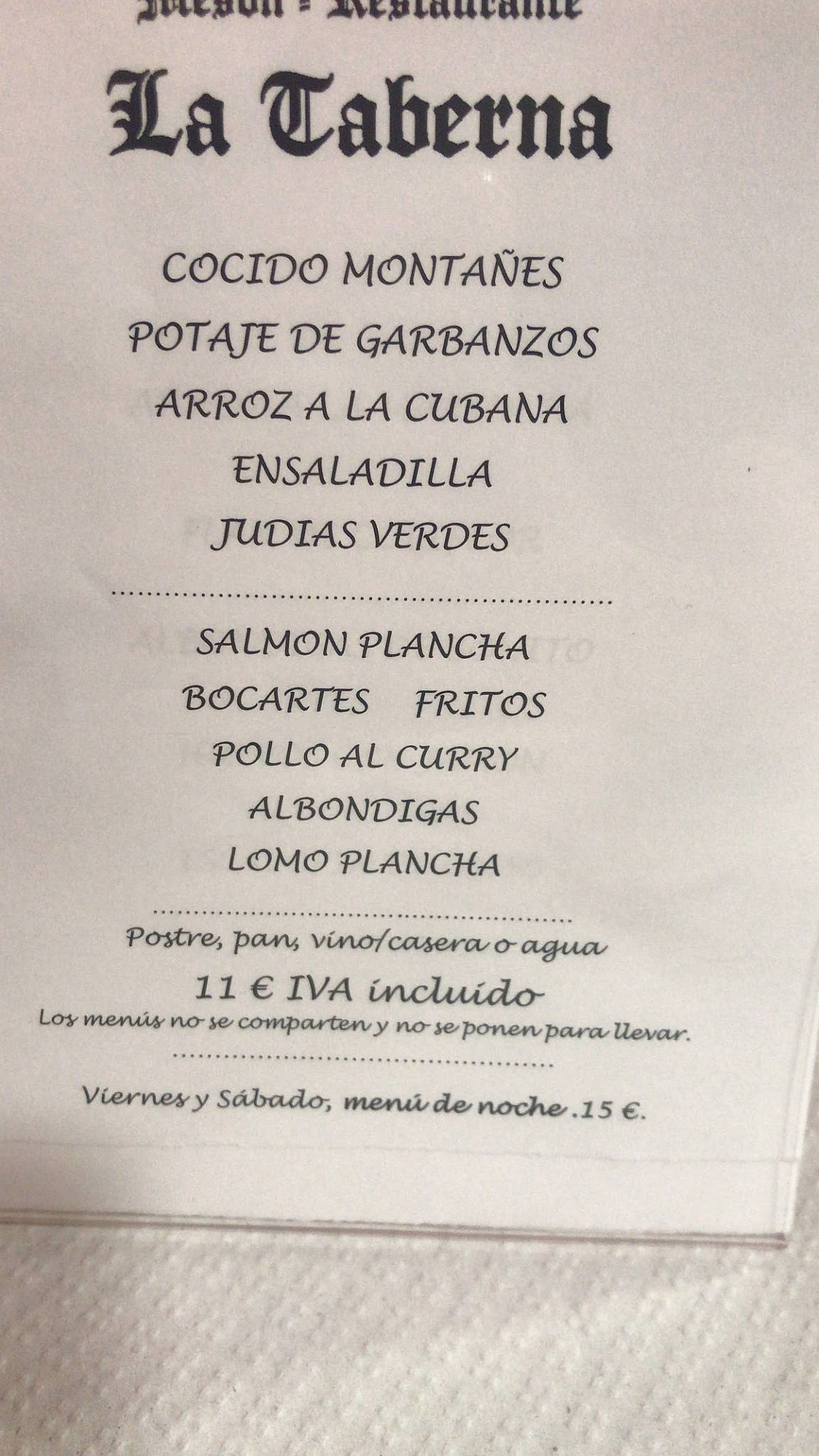 Carta del restaurante Meson La Taberna, Torrelavega