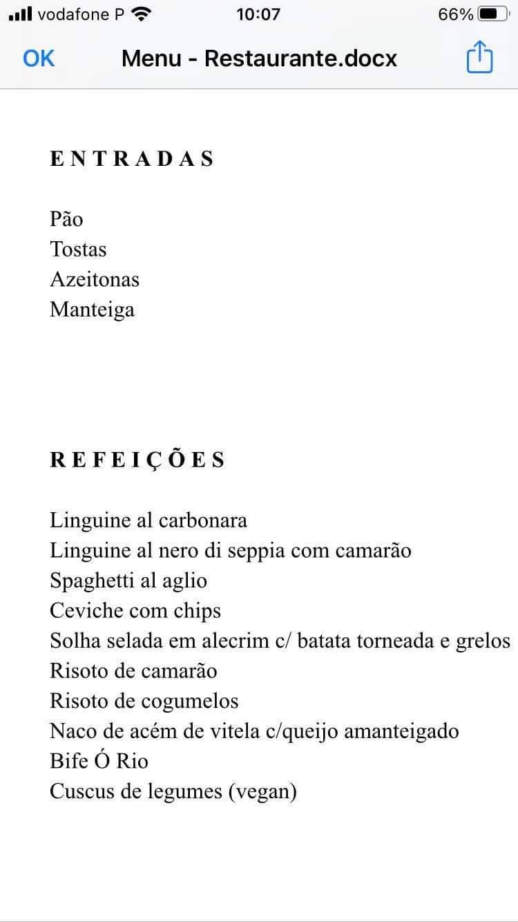 Menu at Restaurante Ó Rio, Barreiro