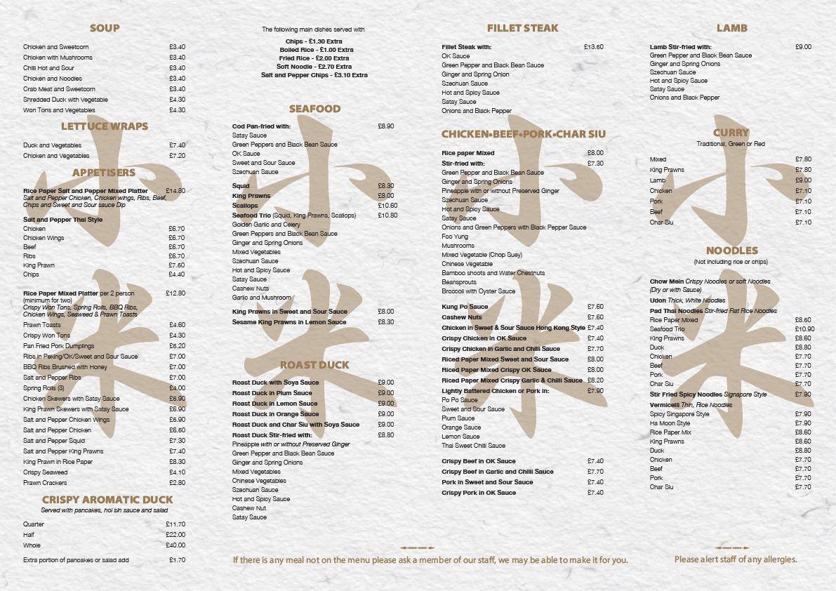 Menu at Rice Paper Cantonese Restaurants & Takeaway, Leeds