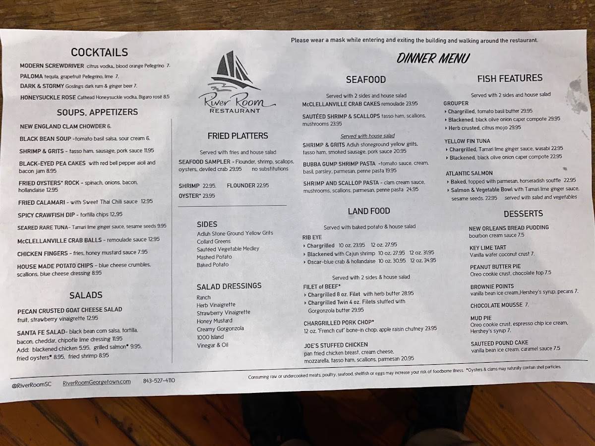 Menu at River Room Restaurant, Georgetown
