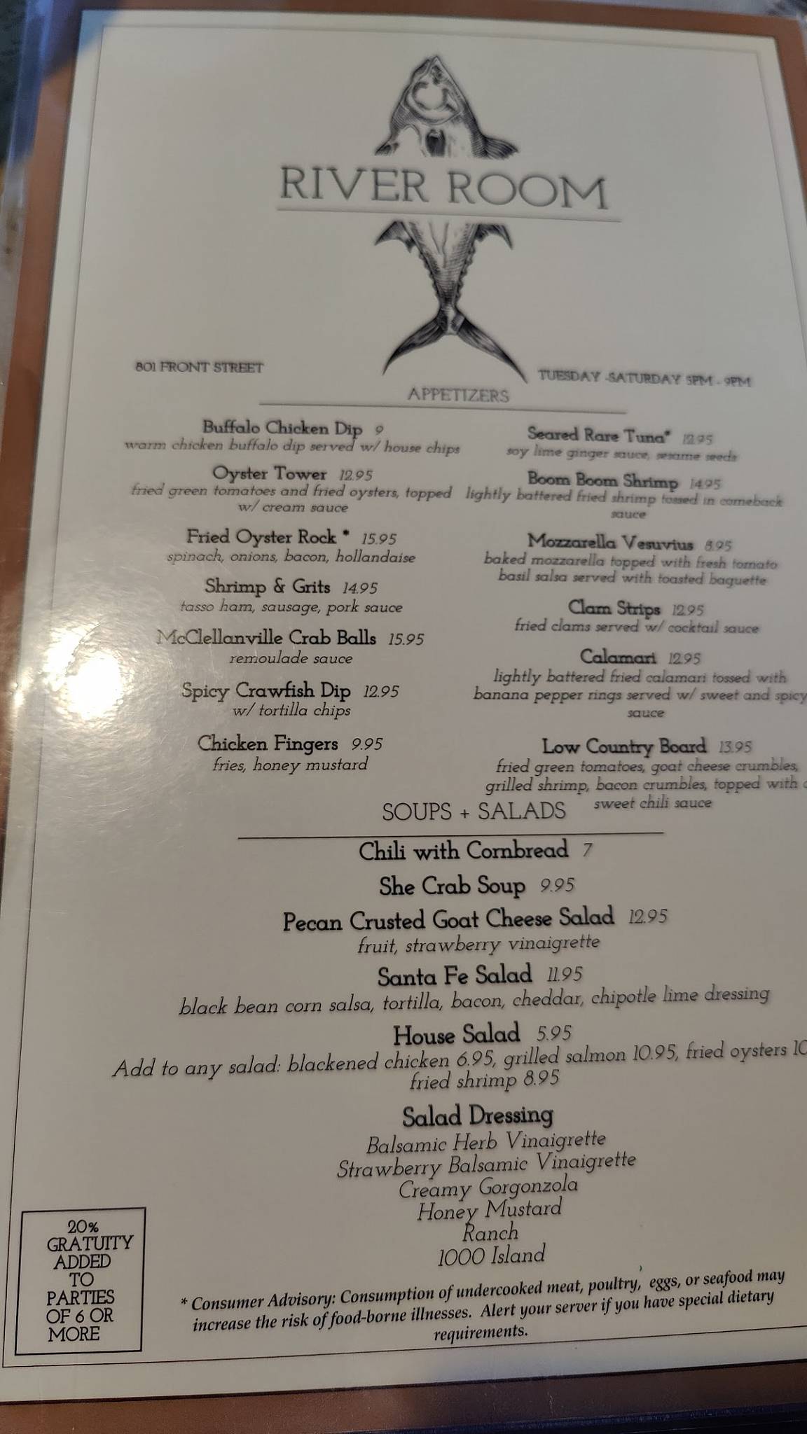 Menu at River Room Restaurant, Georgetown