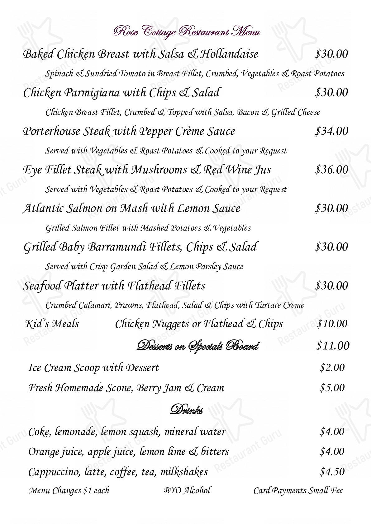 Menu at Rose Cottage Restaurant, Monbulk