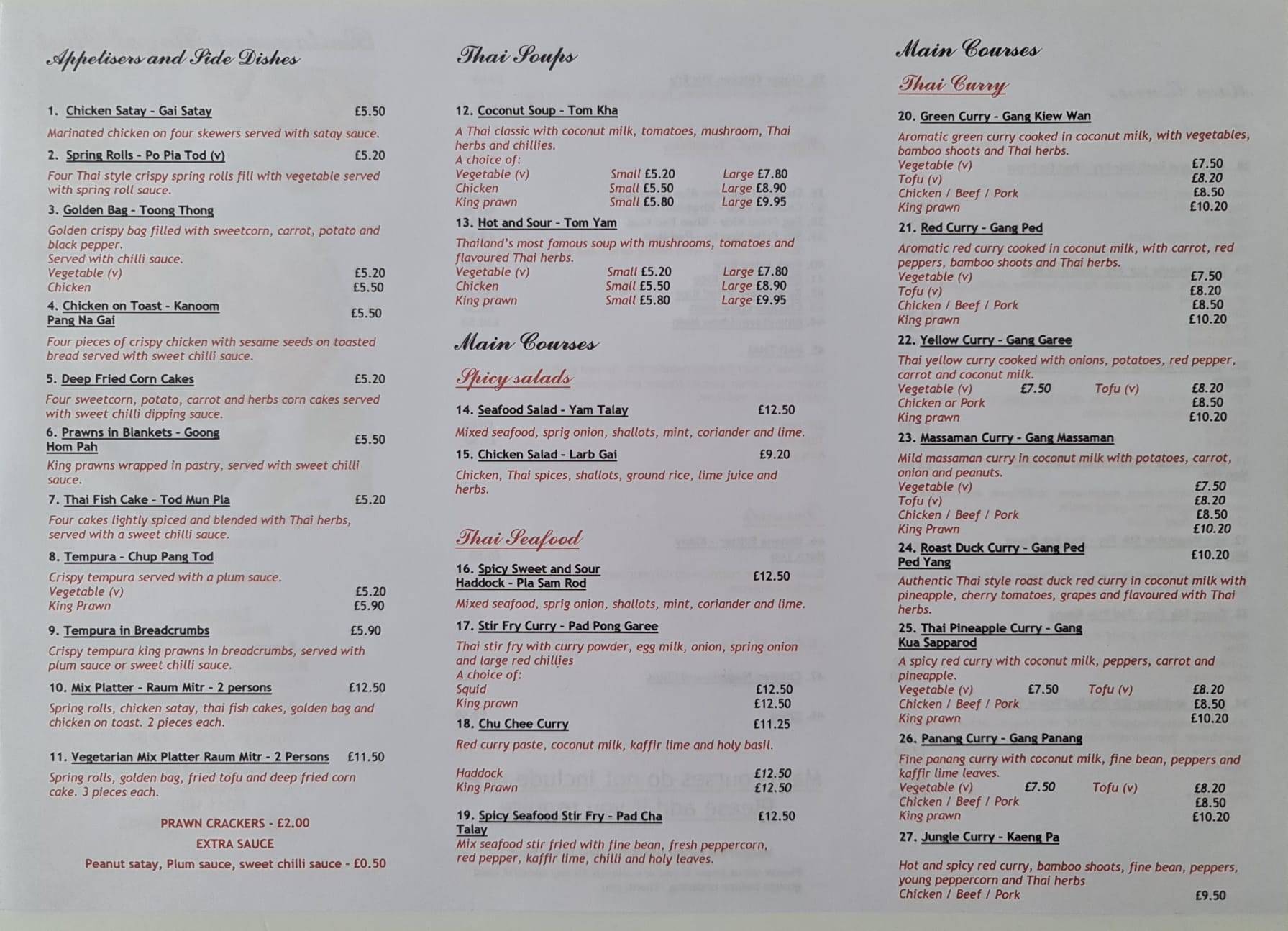 Menu at Restaurant Royal Thai, Arbroath