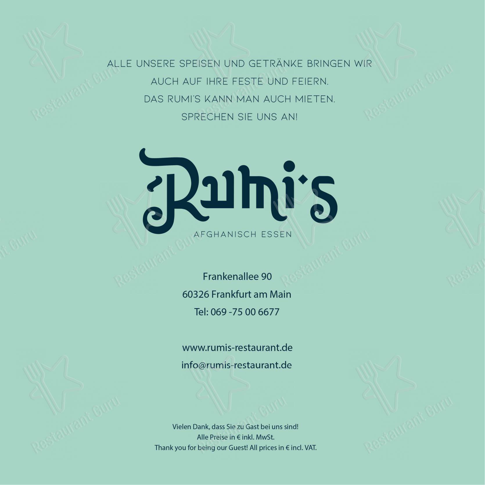 Menu at Rumi's restaurant, Frankfurt