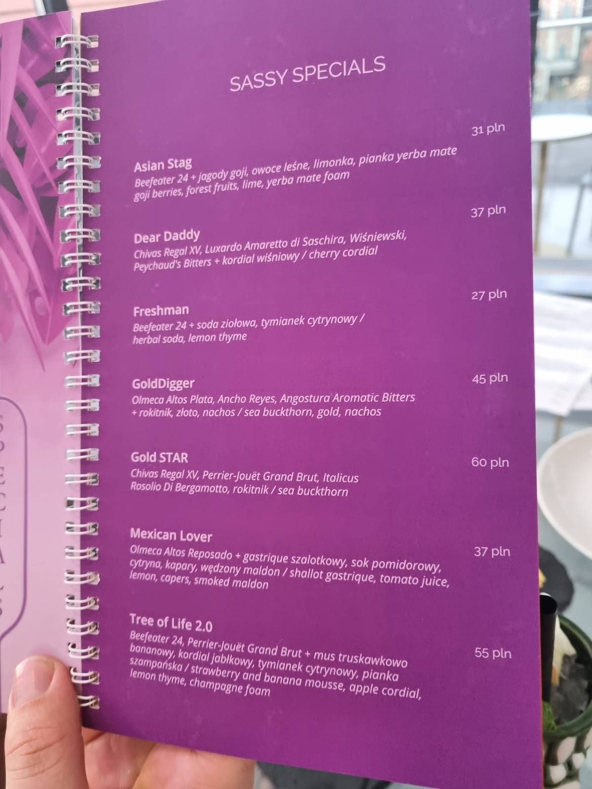 Menu at SASSY restaurant, Gdańsk