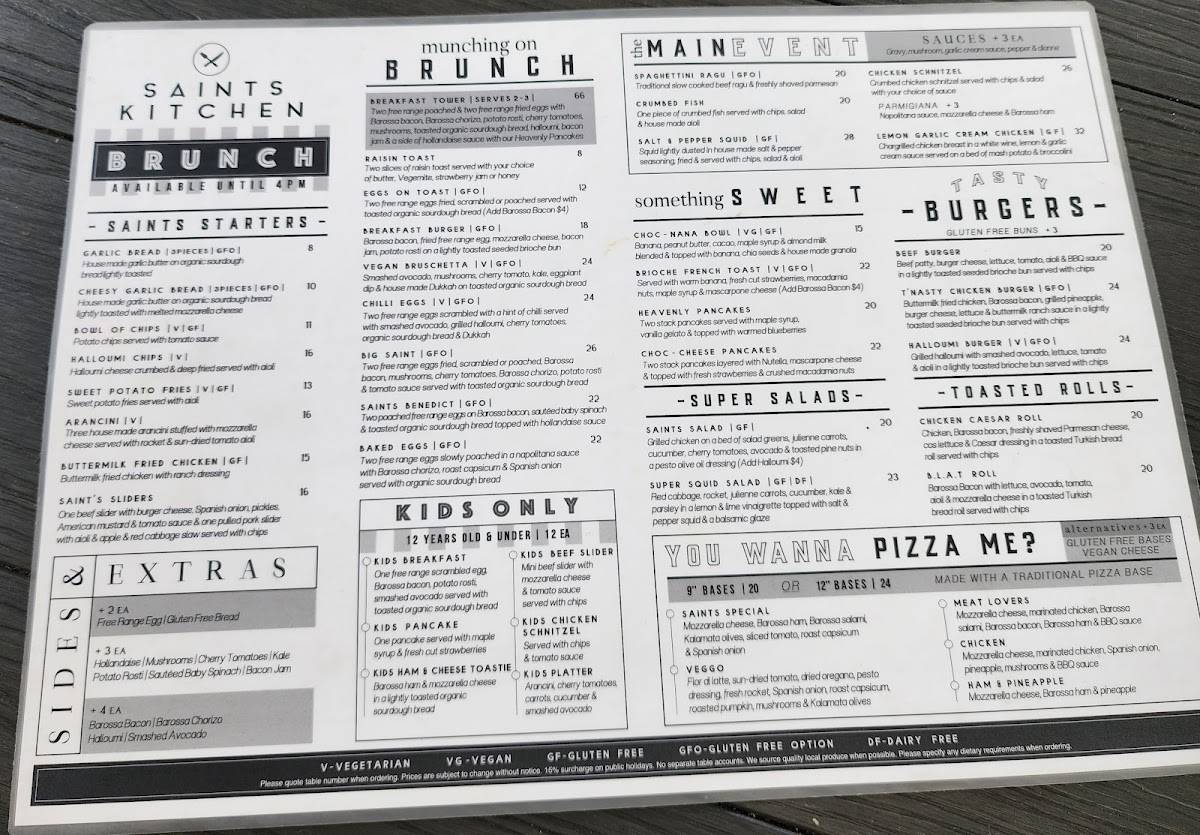 Menu at Saints Kitchen restaurant, Salisbury Park